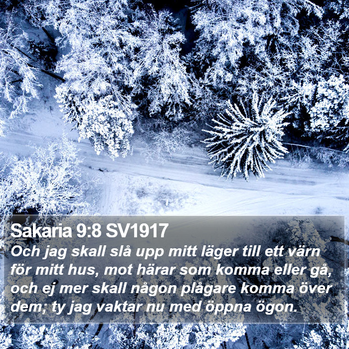 Sakaria 9:8 SV1917 - Och jag skall slå upp mitt läger till ett värn